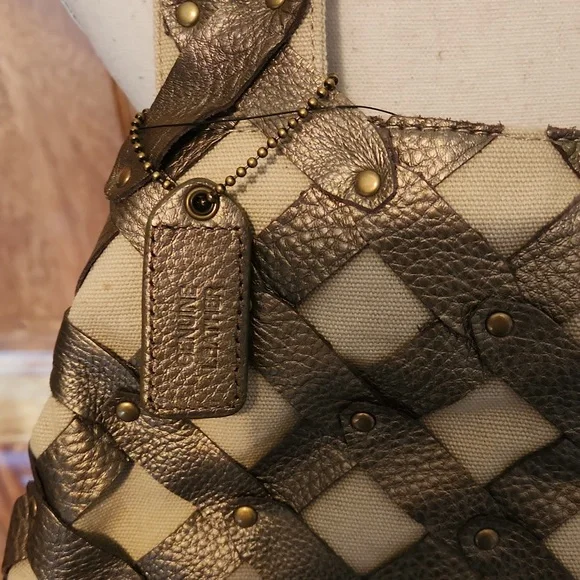 Laura Ashley | Bags | Laura Ashley Purse Cream Canvas Bronze Leather ...
